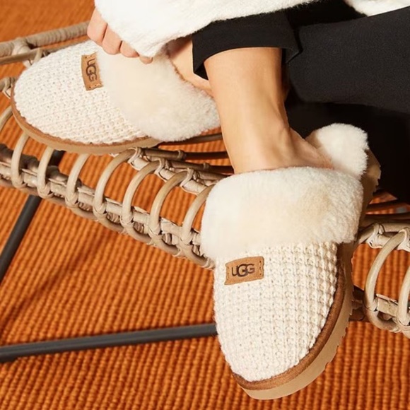 UGG | Shoes | Ugg Cozy Knit Slippers Cream Size 9 Shearling Fur Lined ...